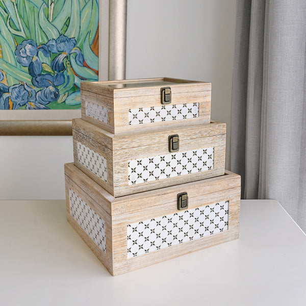 Ikee Design® Set of 3 Stackable Wooden Decorative Boxes with Tempered